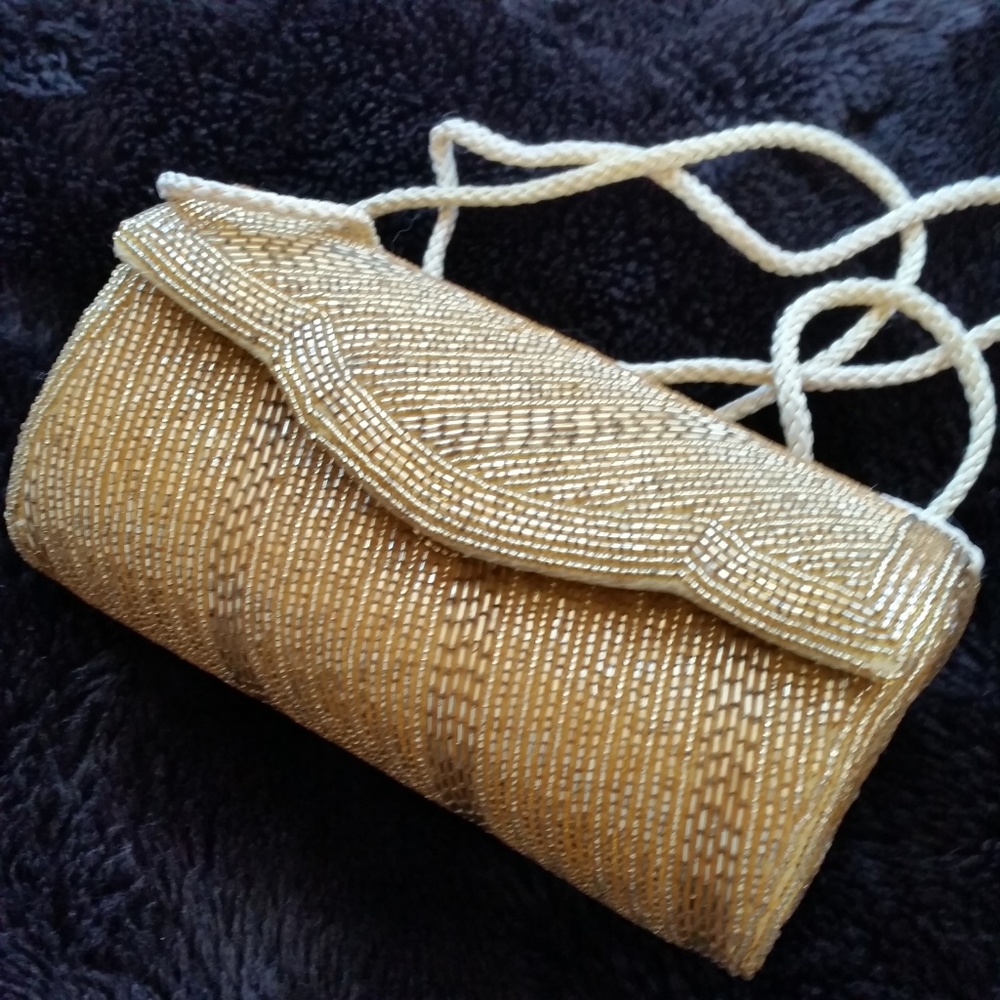 Vintage La Regale Gold Beaded Cylinder Clutch - Gem